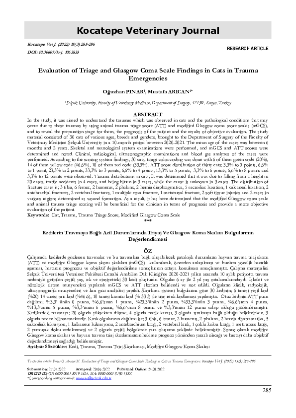 (PDF) Evaluation of Triage and Glasgow Coma Scale Findings in Cats in ...