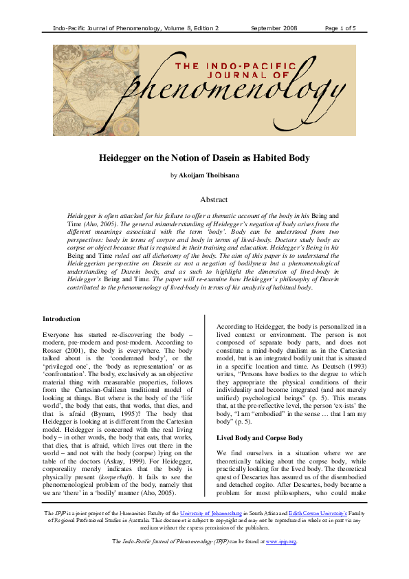 (PDF) Heidegger on the Notion of Dasein as Habited Body