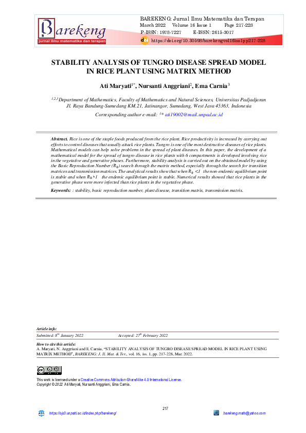 (PDF) Stability Analysis of Tungro Disease Spread Model in Rice Plant ...