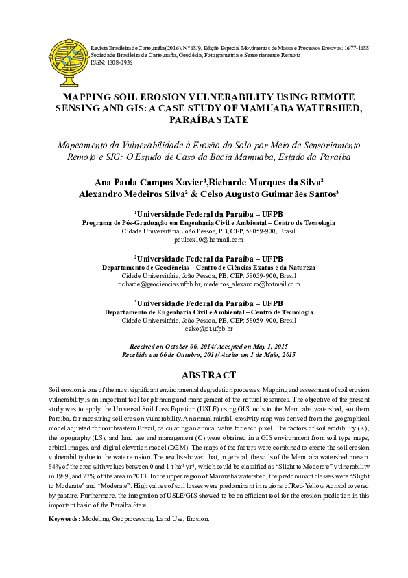 (PDF) Mapping Soil Erosion Vulnerability Using Remote Sensing and Gis: A Case Study of Mamuaba ...