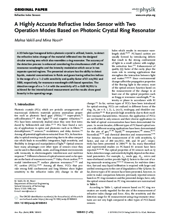 Pdf A Highly Accurate Refractive Index Sensor With Two Operation Modes Based On Photonic