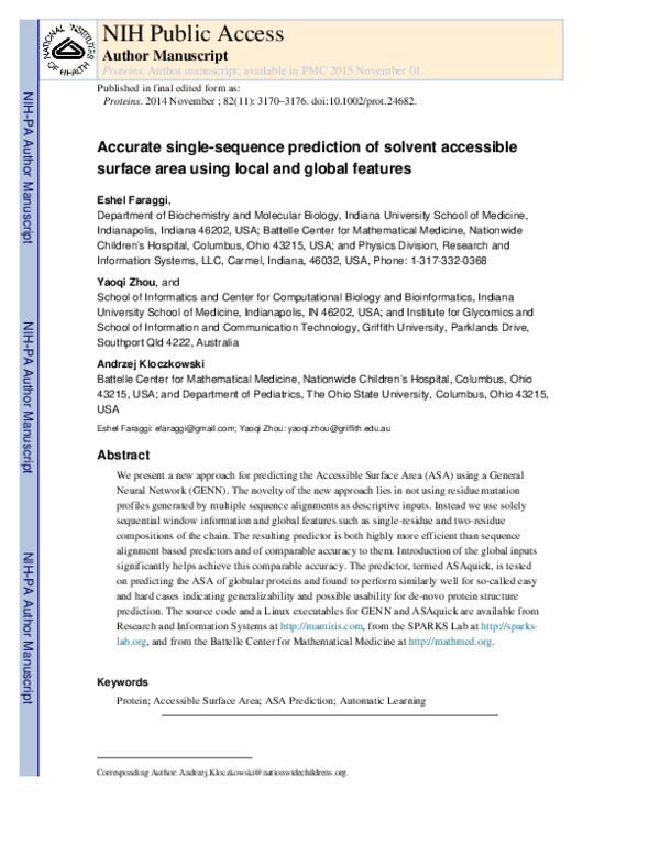 (PDF) Accurate single-sequence prediction of solvent accessible surface area using local and ...