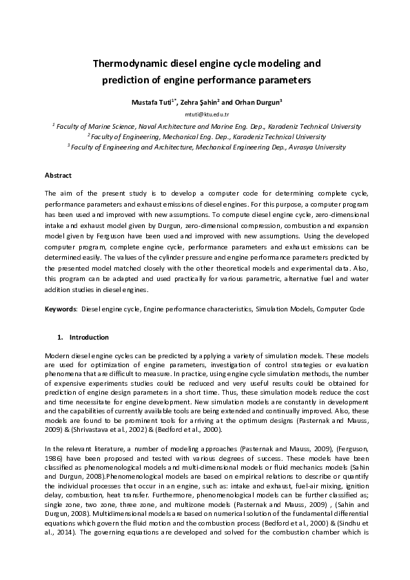 (PDF) Thermodynamic diesel engine cycle modeling and prediction of engine performance parameters