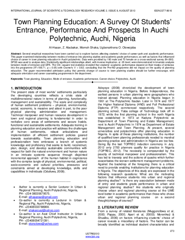 (PDF) Town Planning Education: A Survey Of Students' Entrance, Performance And Prospects In ...