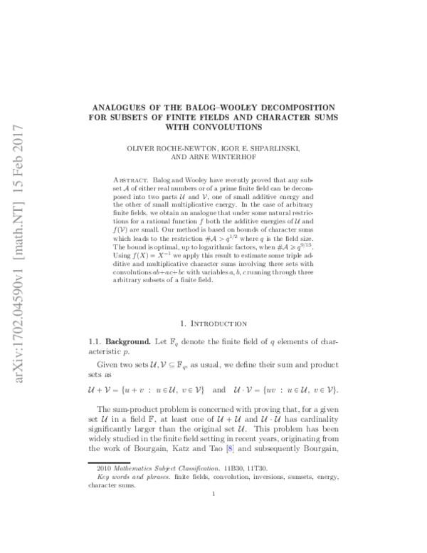 (PDF) Analogues of the Balog–Wooley Decomposition for Subsets of Finite Fields and Character ...