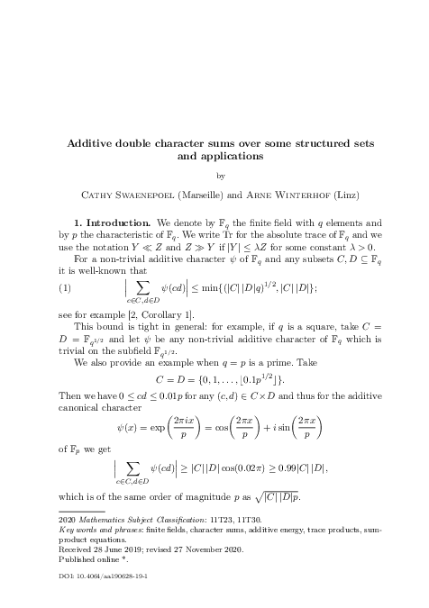 (PDF) Additive double character sums over some structured sets and ...