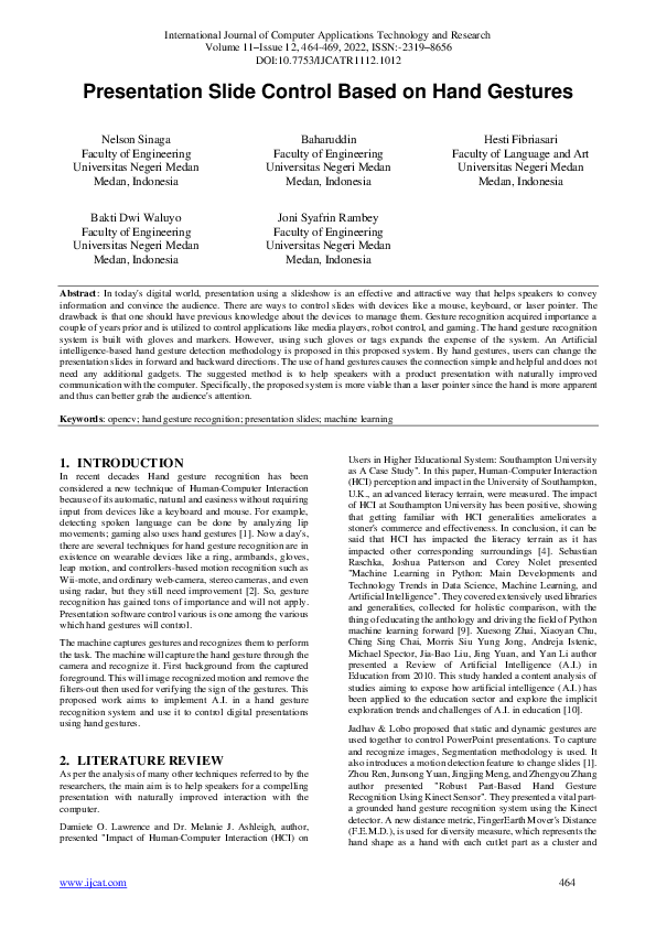 (PDF) Presentation Slide Control Based on Hand Gestures