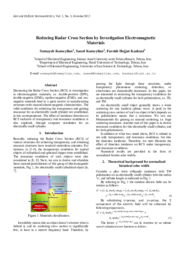 (PDF) Reducing radar cross section by investigation electromagnetic materials