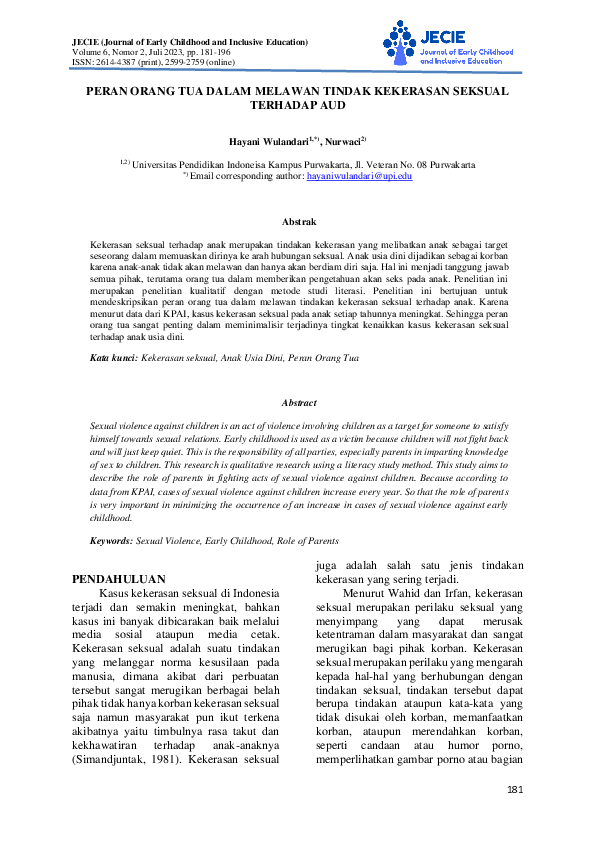 Pdf Peran Orang Tua Dalam Melawan Tindak Kekerasan Seksual Terhadap Aud