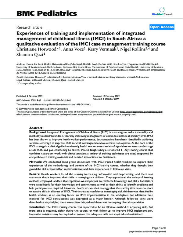 (PDF) Experiences of training and implementation of integrated management of childhood illness ...