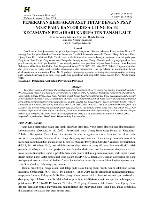 (PDF) Penerapan Kebijakan Aset Tetap Dengan Psap NO.07 Pada Kantor Desa Ujung Batu Kec ...