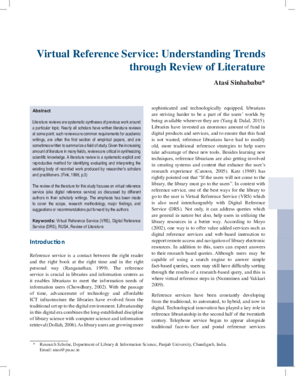 (PDF) Virtual Reference Service: Understanding Trends through Review of ...