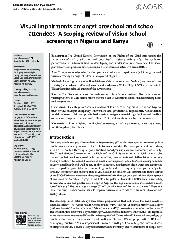 (PDF) Visual impairments amongst preschool and school attendees: A ...