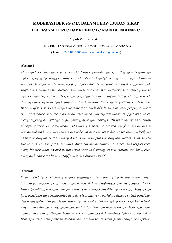 (DOC) MODERASI BERAGAMA DALAM PERWUJUDAN SIKAP TOLERANSI TERHADAP KEBERAGAMAN DI INDONESIA