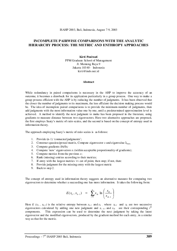 (PDF) Incomplete Pairwise Comparisons with the Analytic Hierarchy Process: The Metric and ...