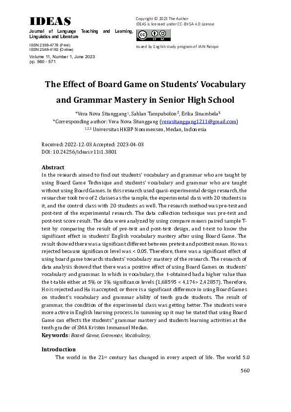(PDF) The Effect of Board Game on Students’ Vocabulary and Grammar ...