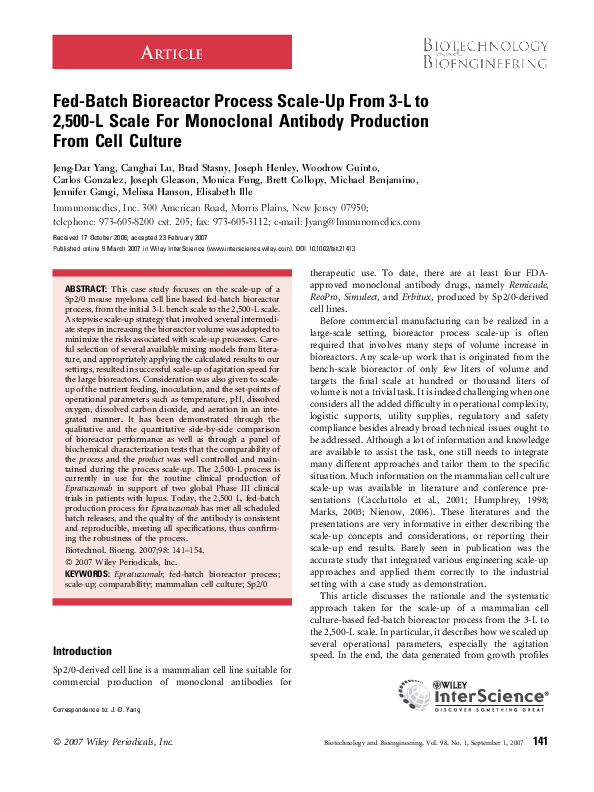 (PDF) Fed‐batch bioreactor process scale‐up from 3‐L to 2,500‐L scale ...