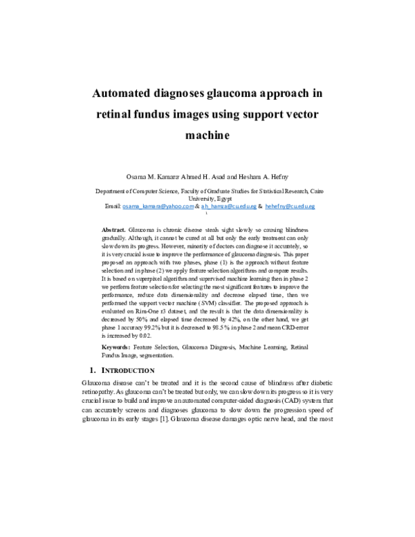 (PDF) Automated diagnoses glaucoma approach in retinal fundus images using support vector machine