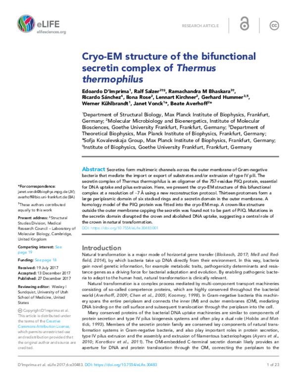 (PDF) Cryo-EM structure of the bifunctional secretin complex of Thermus ...