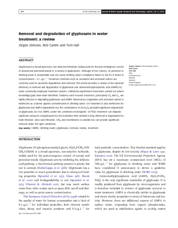 (PDF) Removal and degradation of glyphosate in water treatment: a review