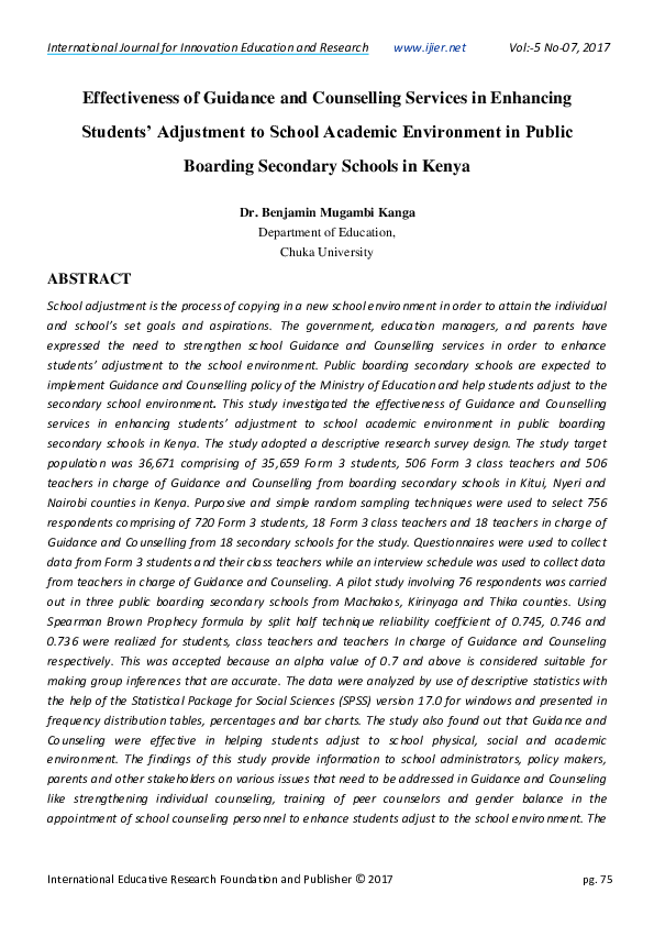 (PDF) Effectiveness of Guidance and Counselling Services in Enhancing Students’ Adjustment to ...