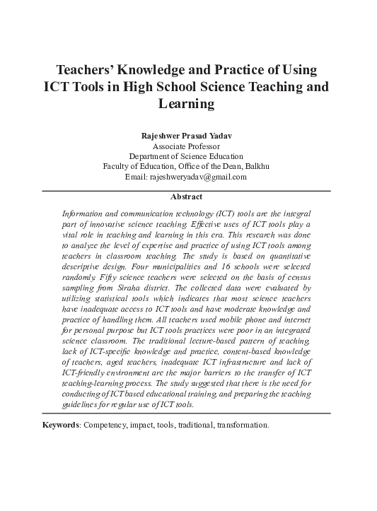 (PDF) Teachers’ Knowledge and Practice of Using ICT Tools in High School Science Teaching and ...