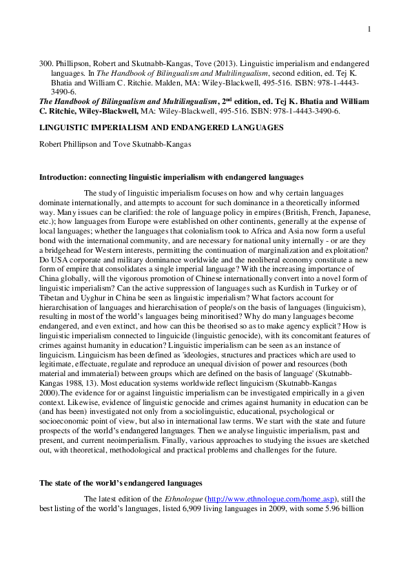 (PDF) Linguistic Imperialism and Endangered Languages
