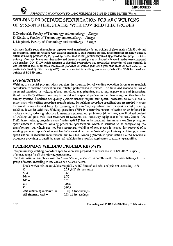 (PDF) Welding procedure specification for arc welding of St 52-3N steel ...