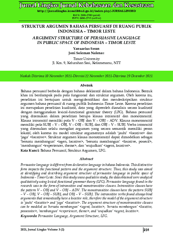 (PDF) Argument Structure of Persuasive Language in Public Space of Indonesia – Timor Leste
