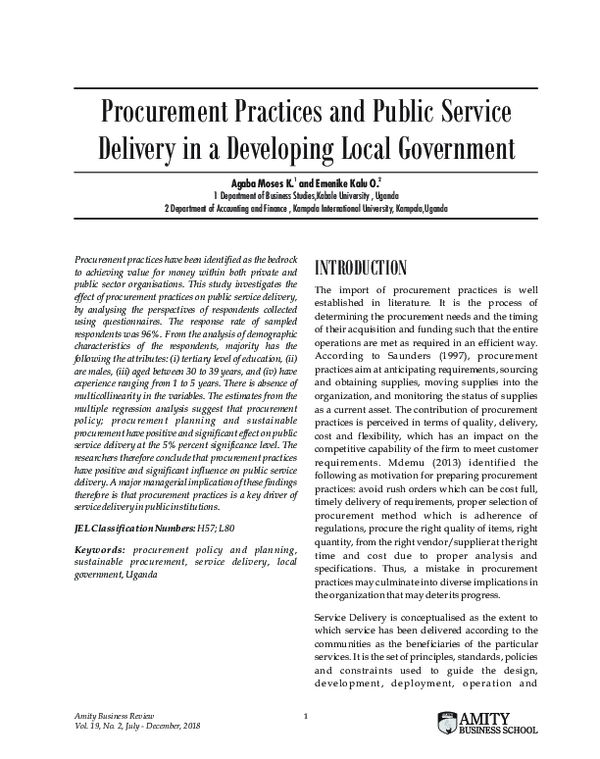 (PDF) Procurement Practices and Public Service Delivery in a Developing ...