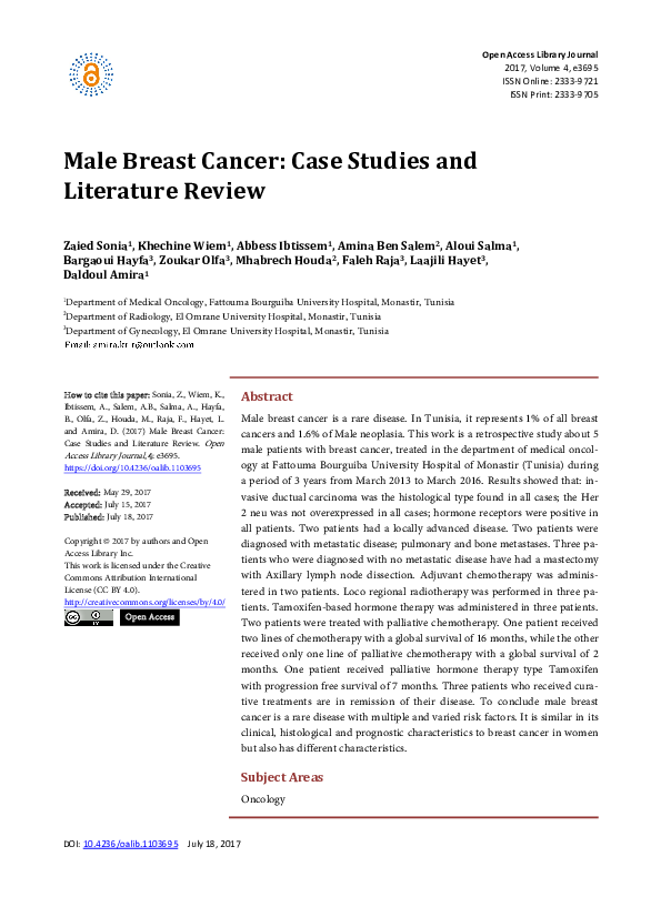 (PDF) Male Breast Cancer: Case Studies and Literature Review