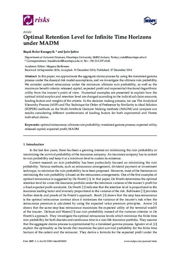 (PDF) Optimal Retention Level for Infinite Time Horizons under MADM