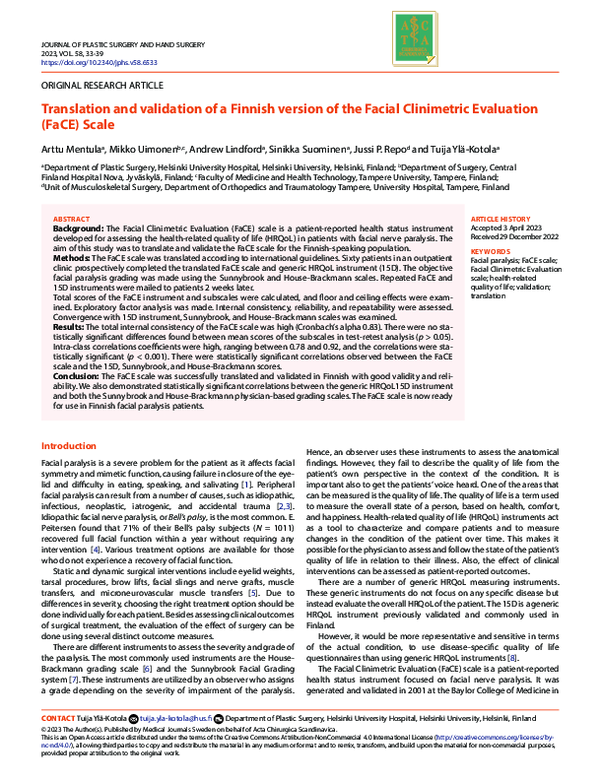 (PDF) Translation and validation of a Finnish version of the Facial ...