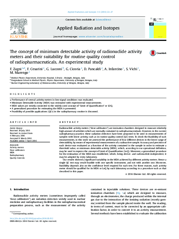 Pdf The Concept Of Minimum Detectable Activity Of Radionuclide Activity Meters And Their