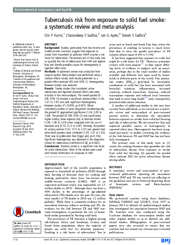 (PDF) Tuberculosis risk from exposure to solid fuel smoke: a systematic ...