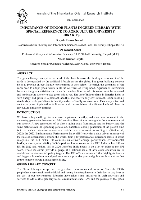 (PDF) Importance of Indoor Plants in Green Library with Special ...