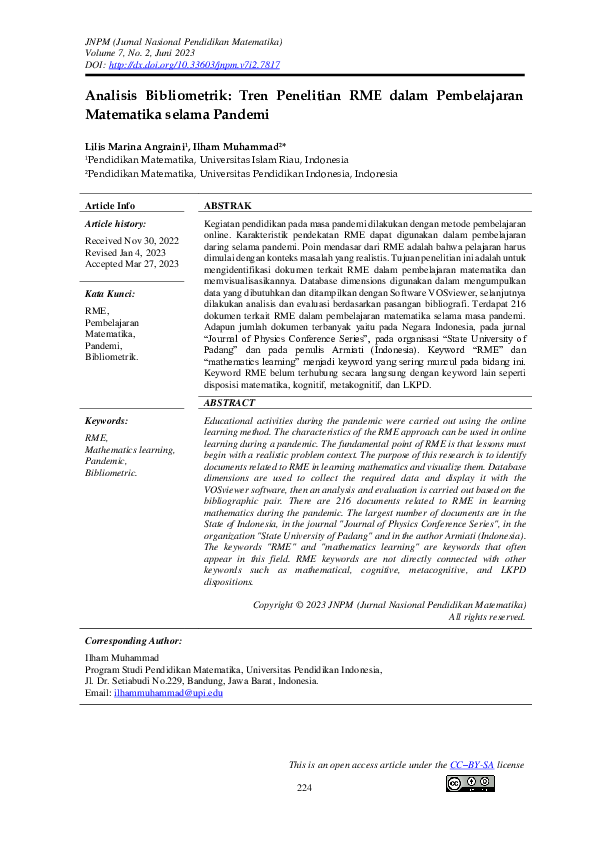 (PDF) Analisis Bibliometrik: Tren Penelitian RME dalam Pembelajaran ... (PDF) Analisis Bibliometrik: Tren Penelitian RME dalam Pembelajaran ...