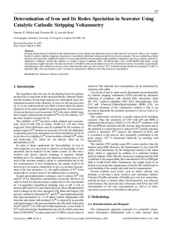 Pdf Determination Of Iron And Its Redox Speciation In Seawater Using