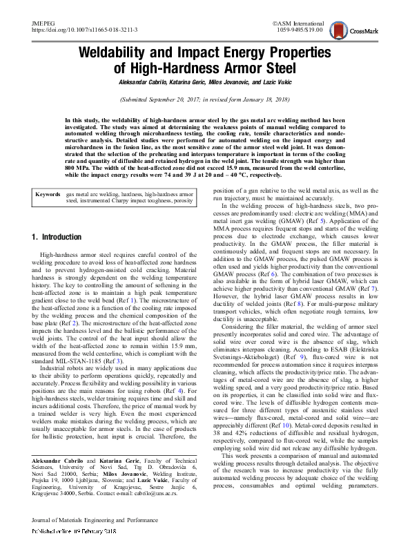 (PDF) Weldability and Impact Energy Properties of High-Hardness Armor Steel