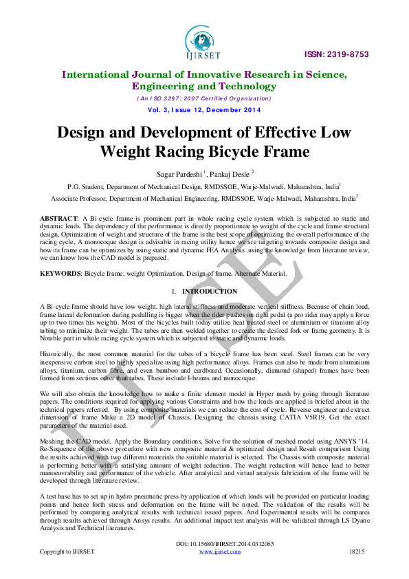 (PDF) Design and Development of Effective Low Weight Racing Bicycle Frame