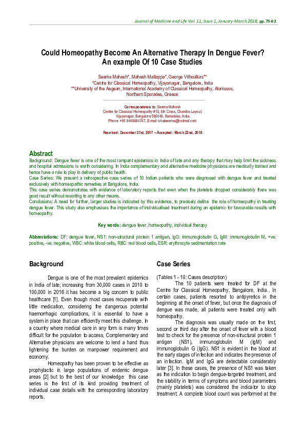 (PDF) Could Homeopathy Become An Alternative Therapy In Dengue Fever ...