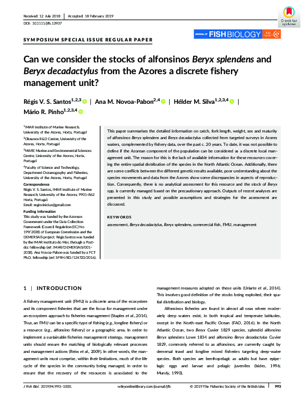 (PDF) Can we consider the stocks of alfonsinos Beryx splendens and ...