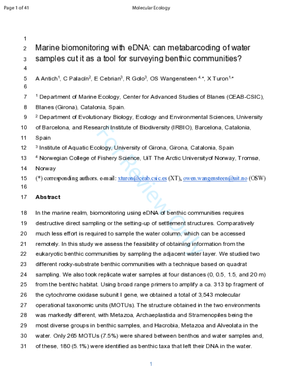 (PDF) Marine biomonitoring with eDNA: Can metabarcoding of water samples cut it as a tool for ...