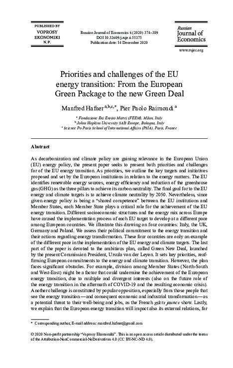 (PDF) Priorities and challenges of the EU energy transition: From the ...