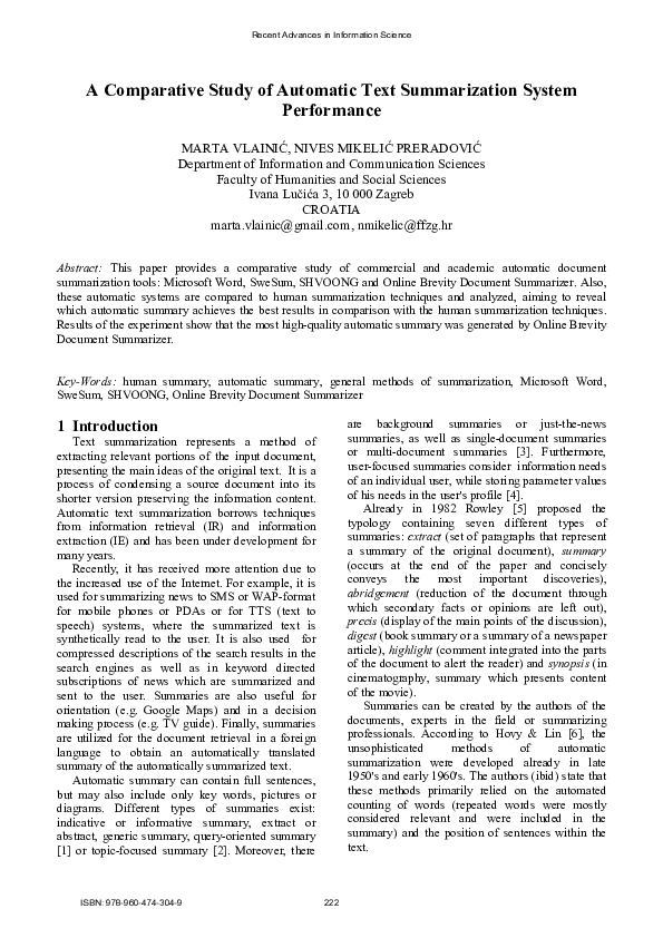 (PDF) A Comparative Study of Automatic Text Summarization System Performance