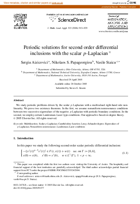 (PDF) Periodic solutions for second order differential inclusions with the scalar p-Laplacian