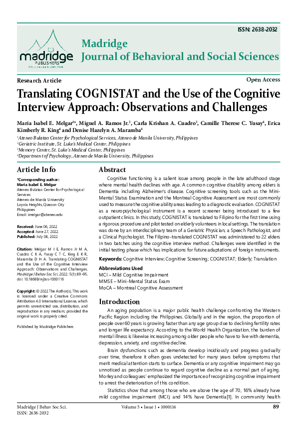 (PDF) Translating COGNISTAT and the Use of the Cognitive Interview ...