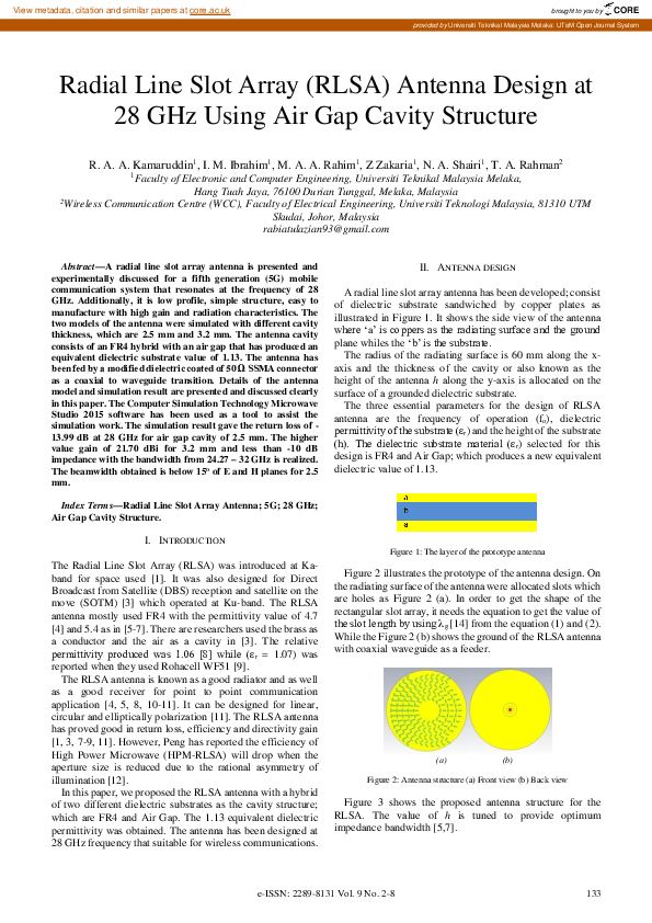 (PDF) Radial Line Slot Array (RLSA) Antenna Design at 28 GHz Using Air Gap Cavity Structure