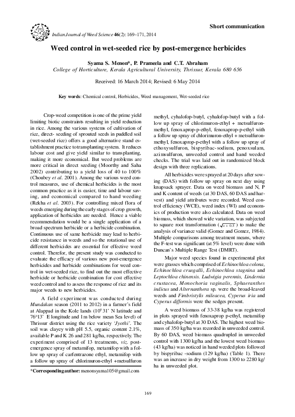 (PDF) Weed control in wet-seeded rice by post-emergence herbicides