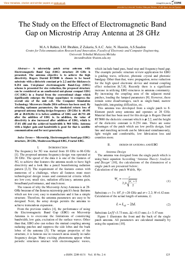 (PDF) The Study on the Effect of Electromagnetic Band Gap on Microstrip Array Antenna At 28 GHz